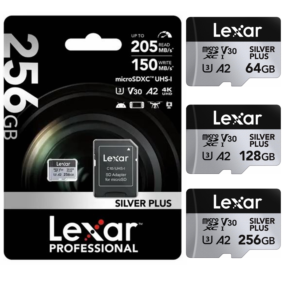 Micro SD Card Lexar 64GB 128GB 256GB Silver Plus UHS-I A2 U3 V30 Class ...