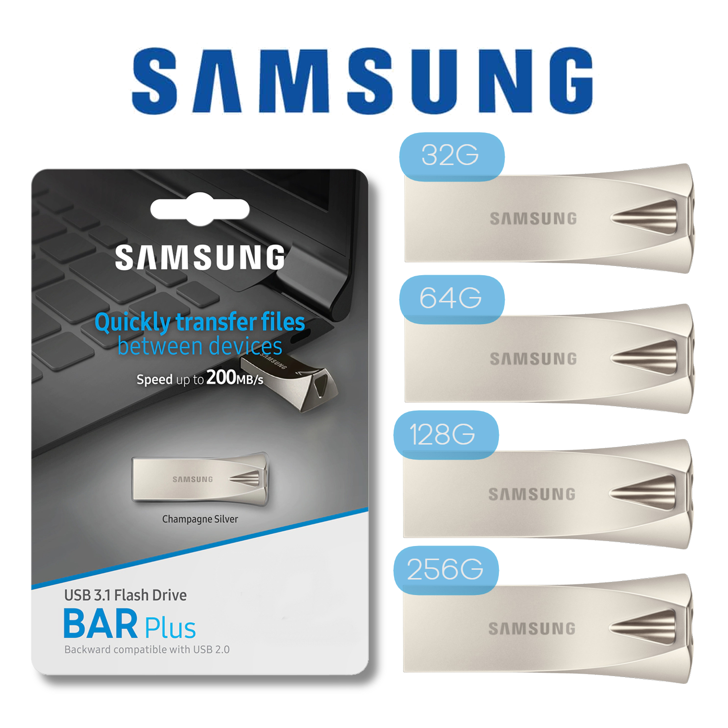 USB 3.1 32GB 64GB 128GB 256GB Flash Drive Samsung Bar Plus Memory Stick ...