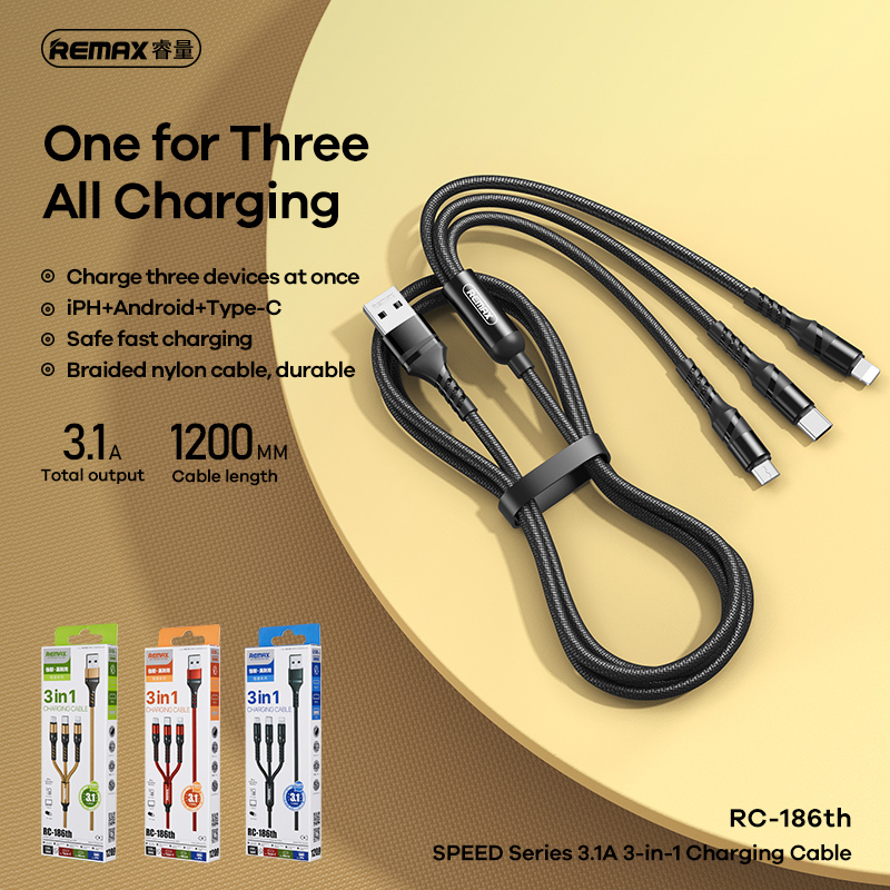 3-in-1 Phone Cable REMAX SPEED Series Safe Fast Charging RC-186th Black ...